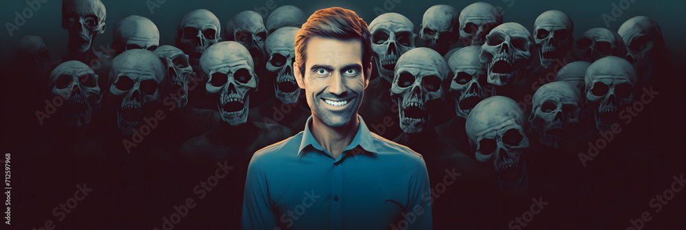 Smiling man standing in between zombies, thinking different from the ...