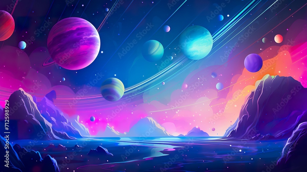 colorful illustration of cosmos with planets, stars and nebulas, in ...