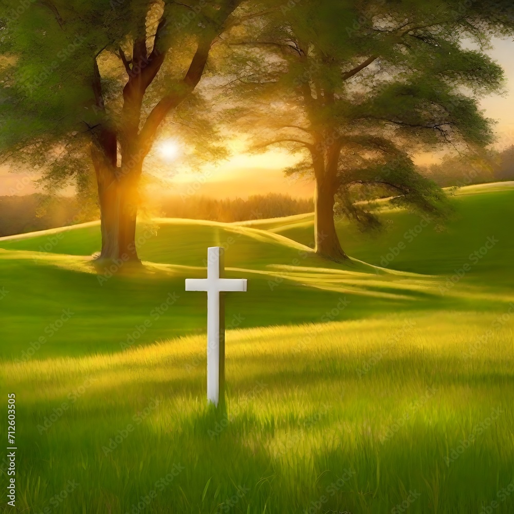 Small white cross receives the last rays of sun of the day with the ...