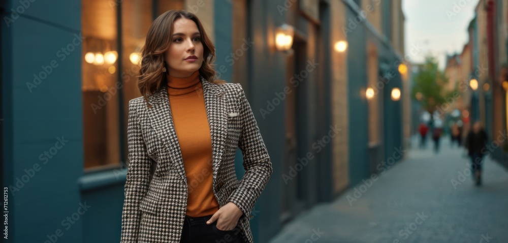 a woman standing on a sidewalk in front of a building wearing a blazer ...