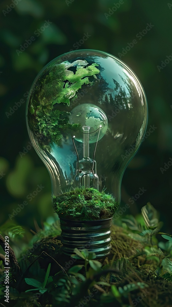 Abstract blue light bulb with planet Earth inside. Earth hour ecology ...