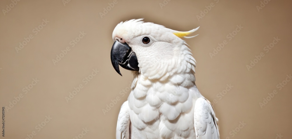 a close up of a white parrot with a black beak and yellow tipped beak ...