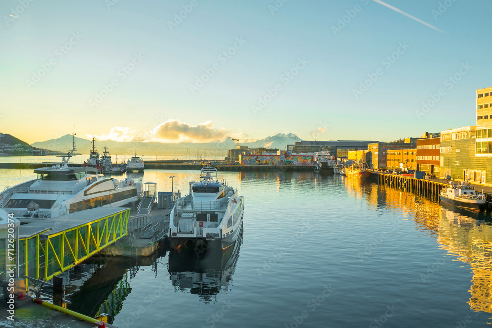 View of a marina and harbor in Tromso, North Norway. Tromso is ...