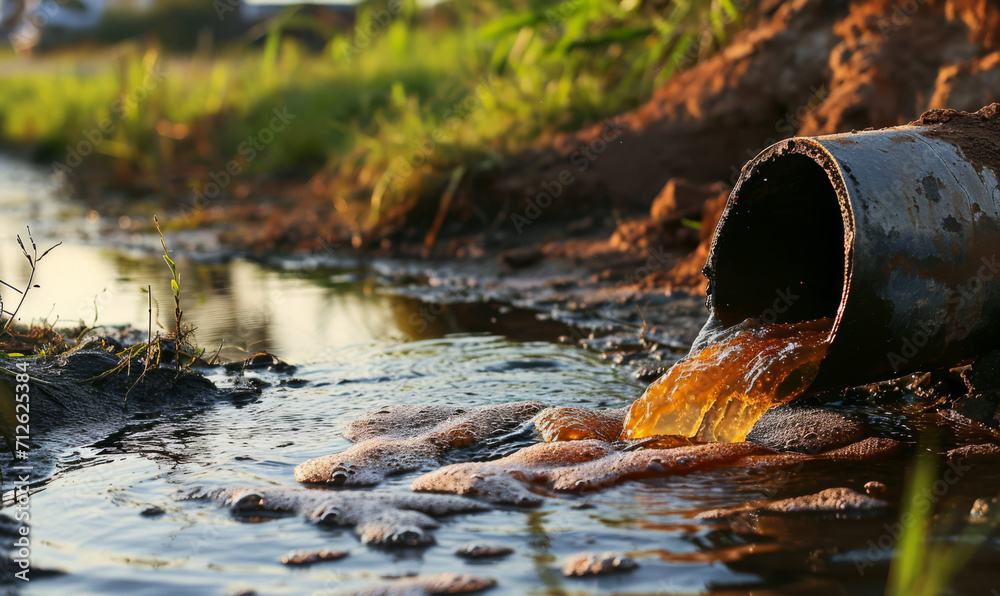 Polluted water flowing from an old rusty pipe into a natural waterway ...