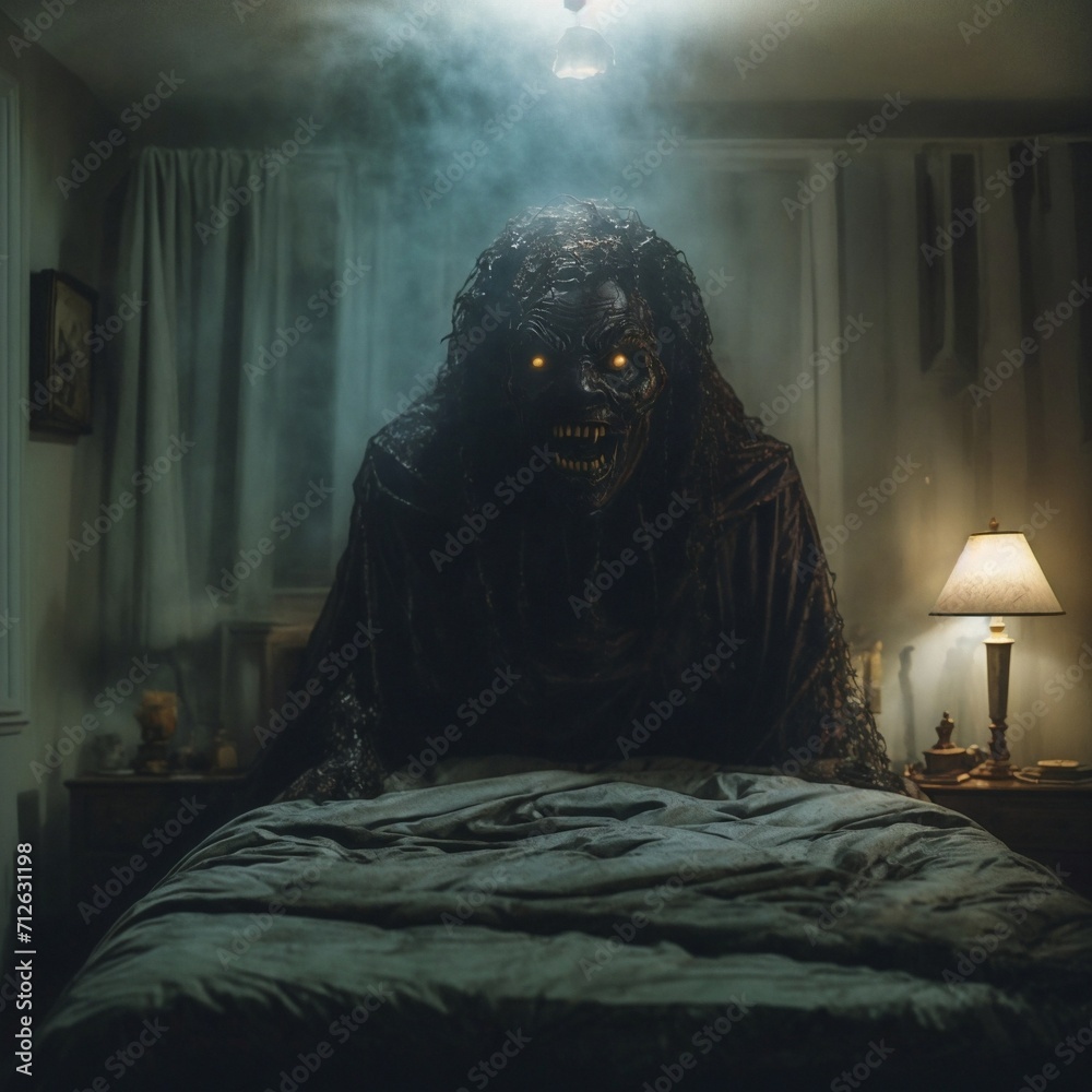 1980s cult dark horror monster lurking above a child's bed at night ...