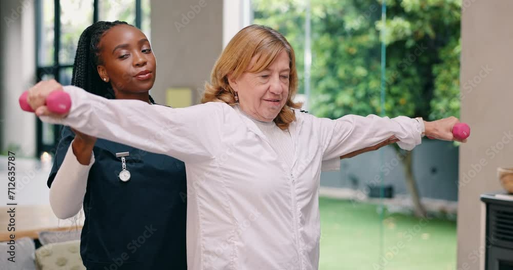 Nurse, old woman and dumbbell with stretching, physiotherapy and ...