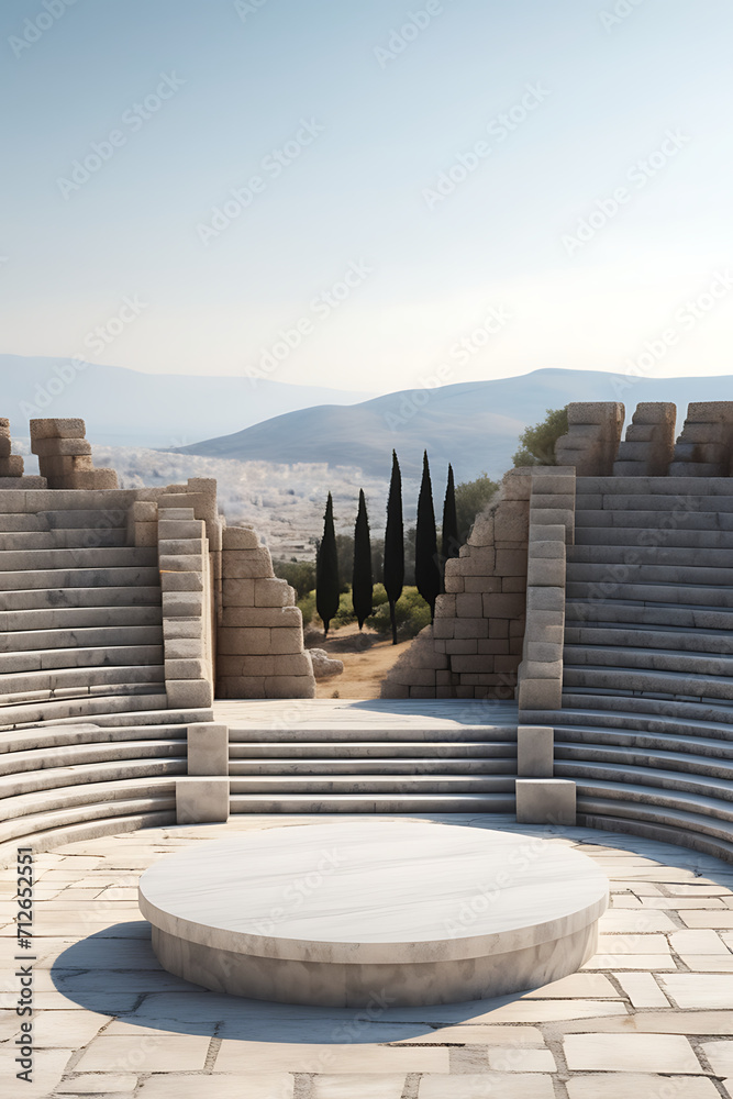 A small granite model of the podium - a blurred landscape with a Greek ...
