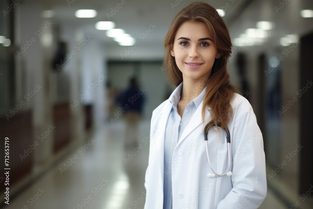 portrait of a cute European doctors girl, long brown hair, smiling ...