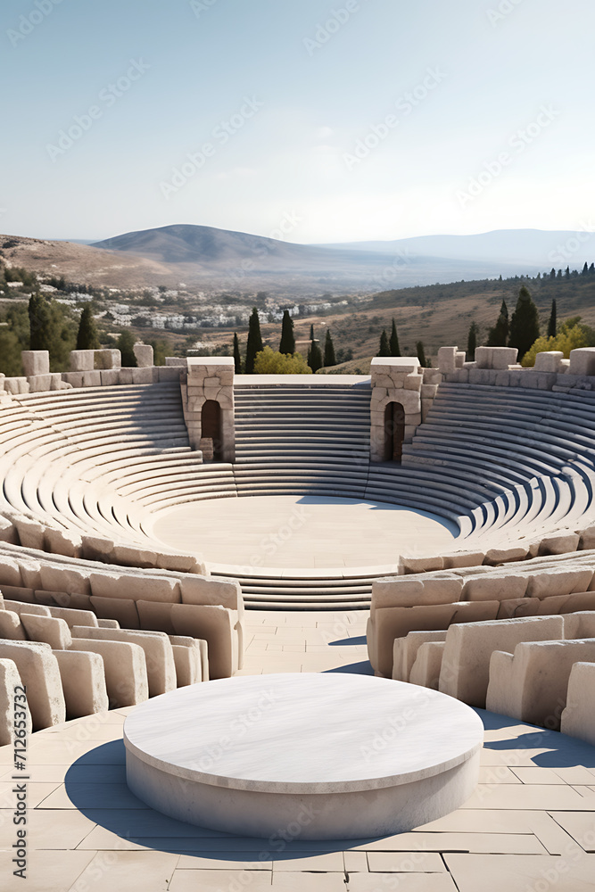A small granite model of the podium - a blurred landscape with a Greek ...