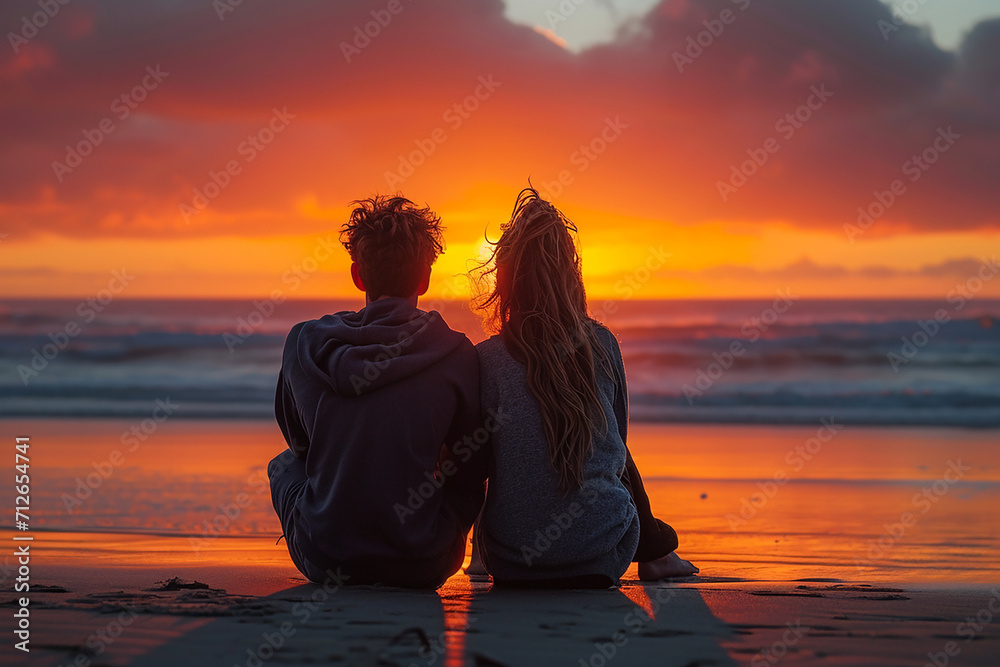 pareja de chico y chica enamorados sentados en la arena playa viendo un atardecer con el mar de ...