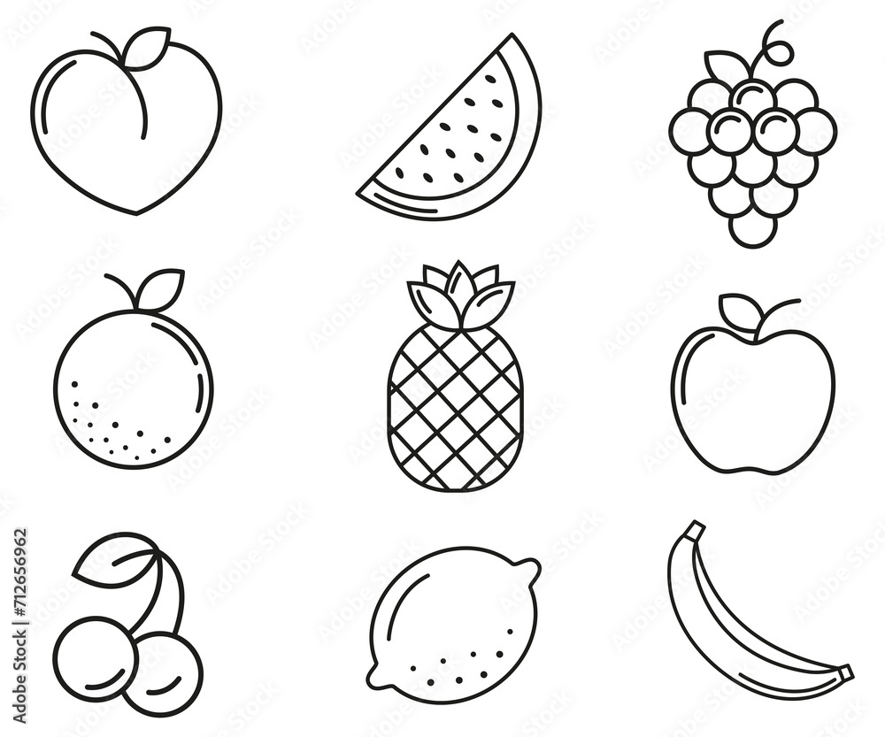 Fruits simple drawing, exoctic and fresh fruits line art, vitamins ...