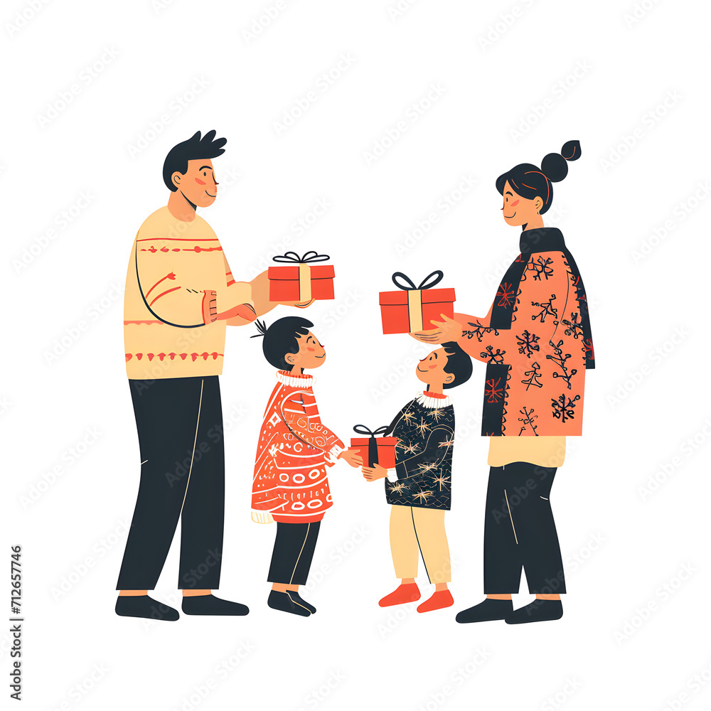 Family members giving gifts to each other isolated on white background ...