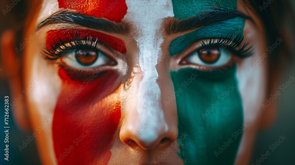 Portrait of a beautiful Italian fan, with her face painted in the ...
