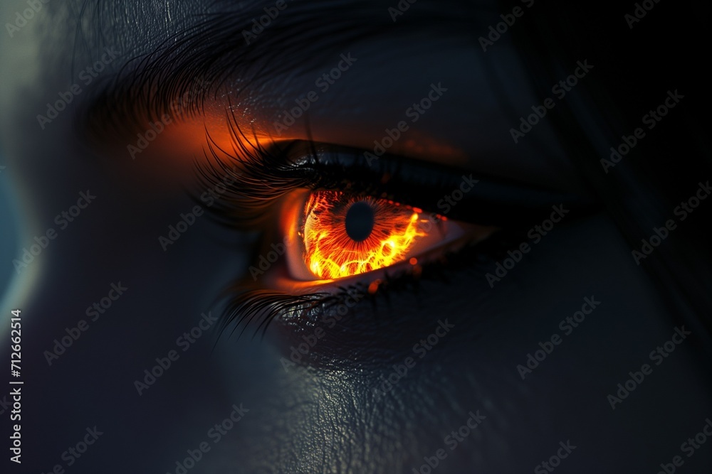 Woman's red eye in the dark. Piercing eyes Orange Fire. Burning demonic ...