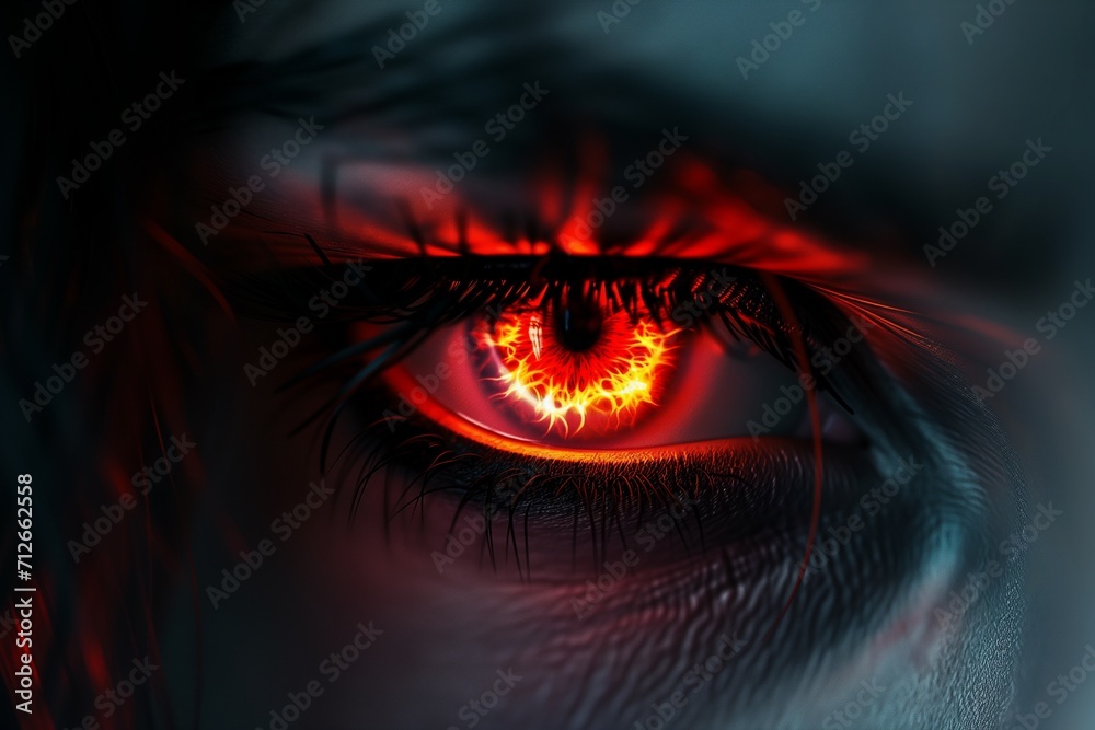 Woman's red eye in the dark. Piercing eyes Orange Fire. Burning demonic ...