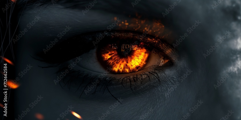 Woman's red eye in the dark. Piercing eyes Orange Fire. Burning demonic ...
