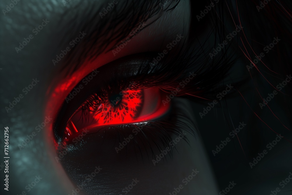 Woman's red eye in the dark. Piercing eyes Orange Fire. Burning demonic ...