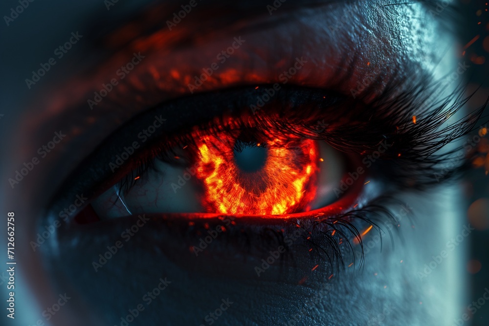 Woman's red eye in the dark. Piercing eyes Orange Fire. Burning demonic ...