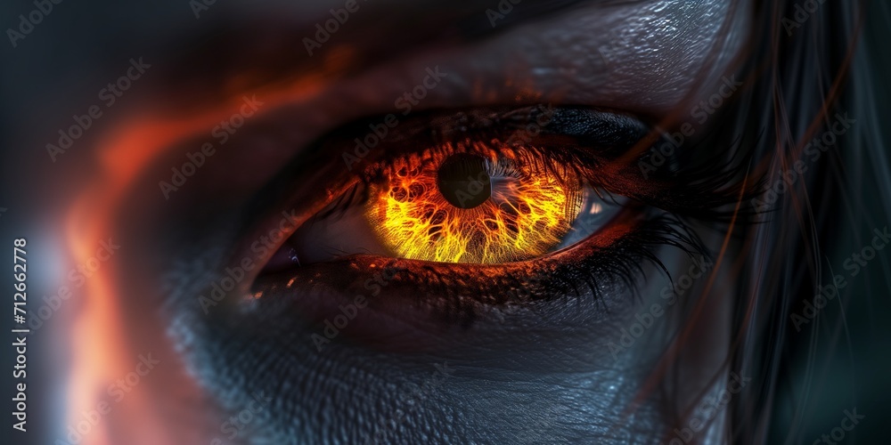 Woman's red eye in the dark. Piercing eyes Orange Fire. Burning demonic ...