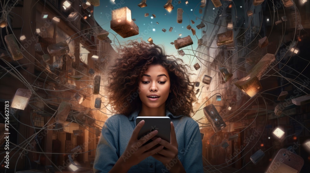 Mesmerized Young Woman Engulfed in a Dynamic Swirl of Floating ...