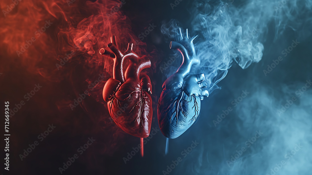 two human heart anatomy in red and blue , smoking hot red heart vs cold ...