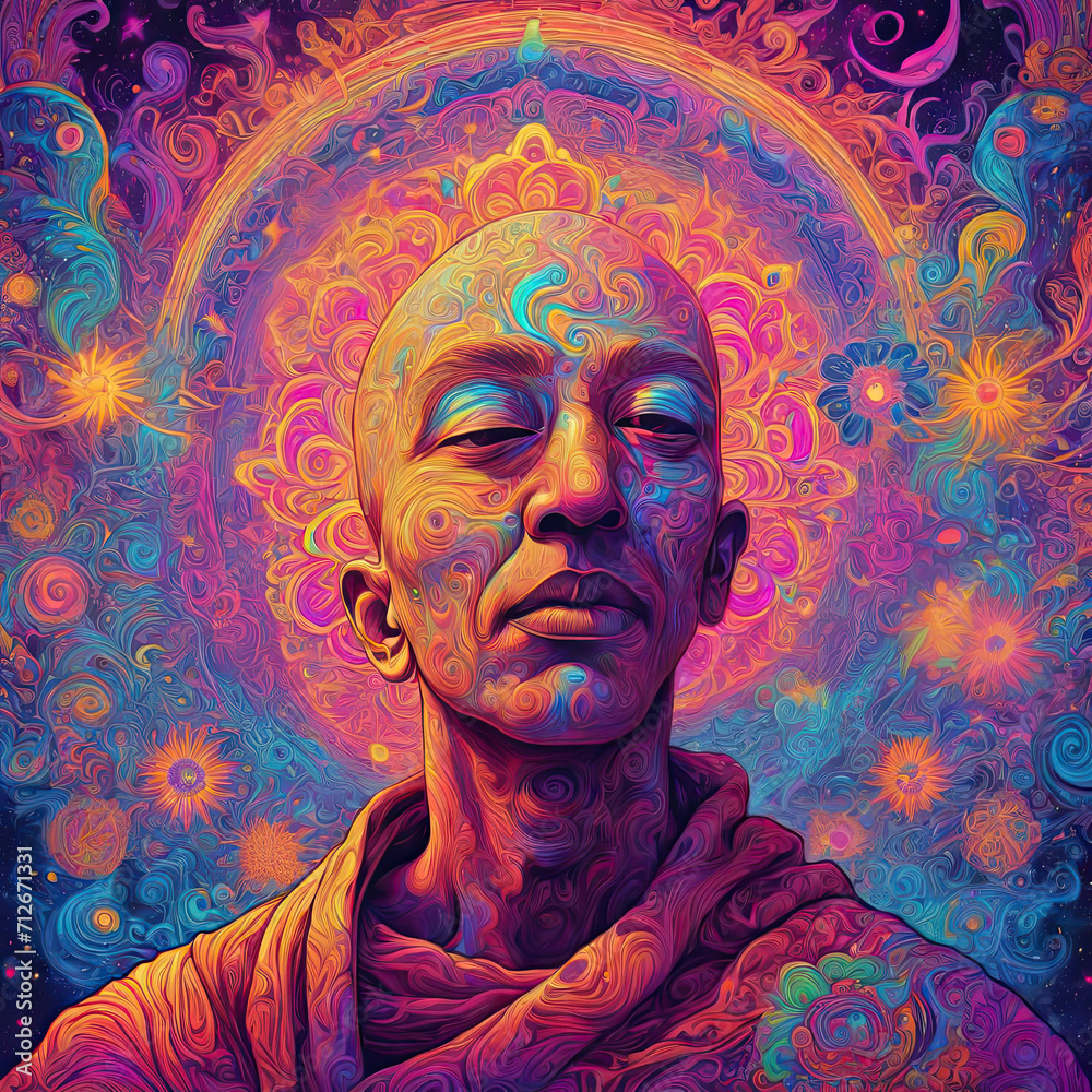 Psychedelic Trip - Close-up illustration of a monk in a transcendent ...