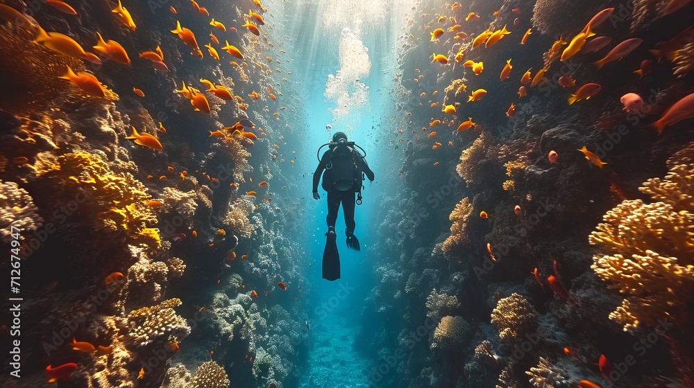 Diver with diving suit, diving in a coral reef with many jellyfish and ...