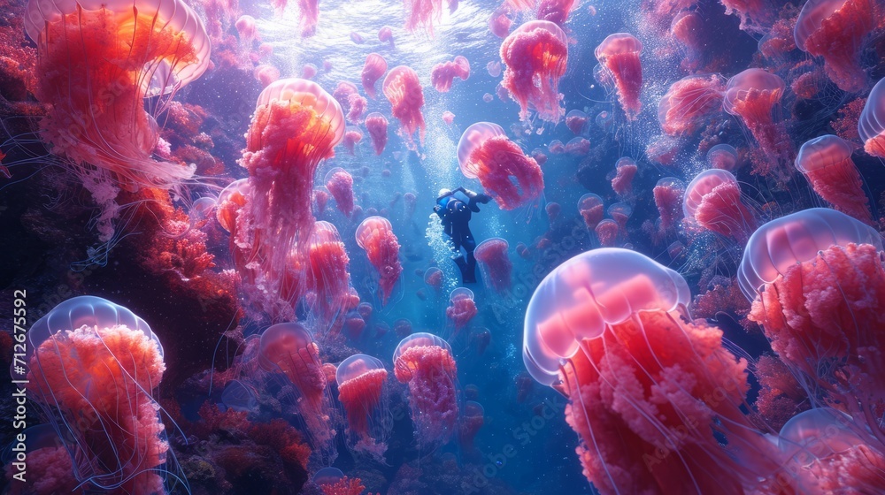 Diver with diving suit, diving in a coral reef with many jellyfish and ...
