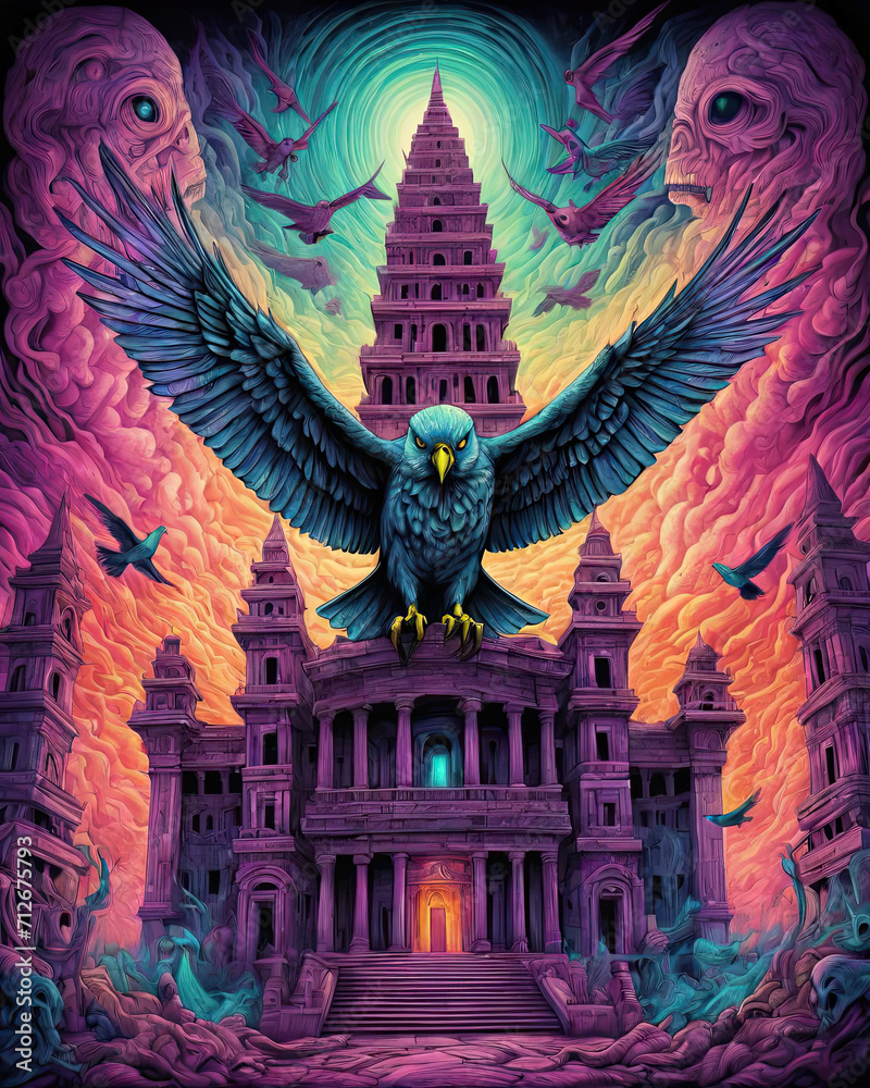 Enigmatic Temple - Psychedelic surrealistic illustration of a bird of ...