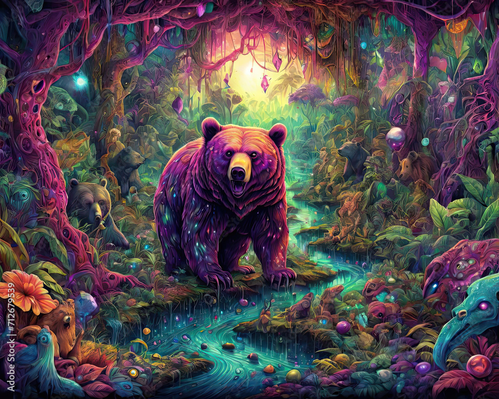 Psychedelic Jungle Trip - Close up on eye, bear, and vibrant wildlife ...