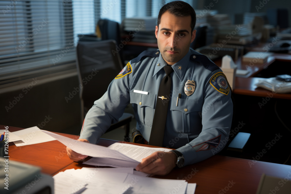 A stern yet compassionate immigration officer in uniform, diligently ...