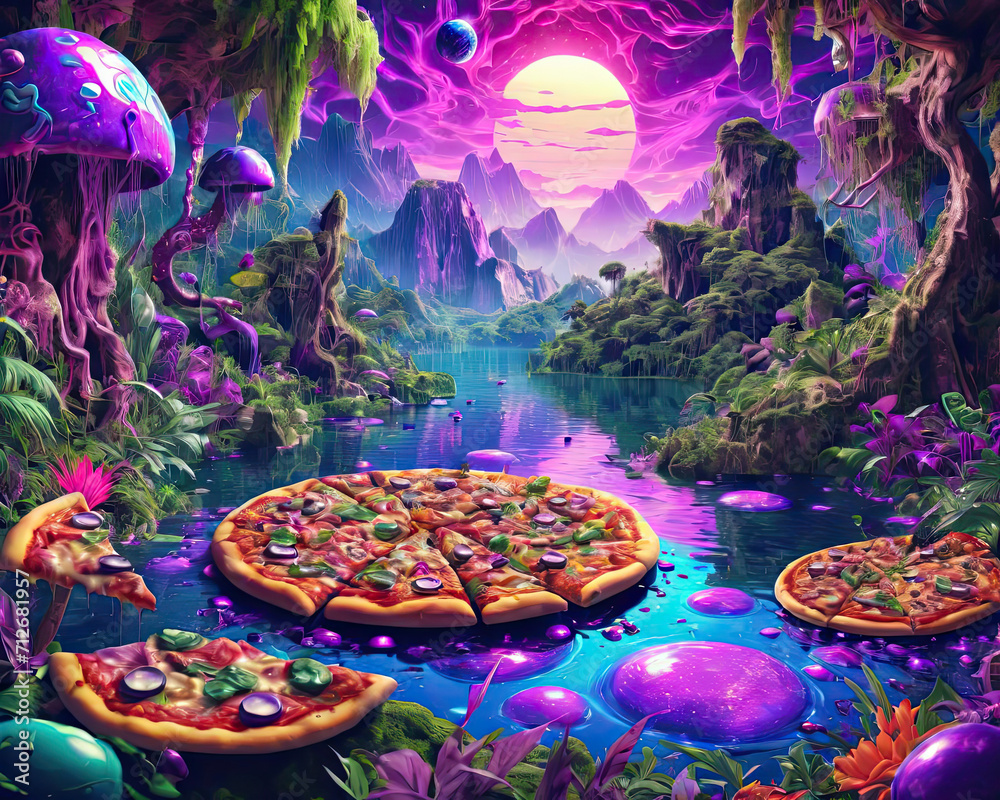 Psychedelic Jungle - Close-up lake, pizza, and monk in a bejeweled ...