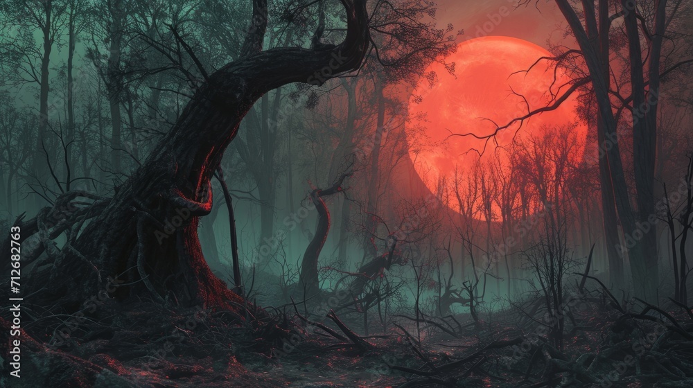 Fantasy landscape with blood moon in the forest.. A haunted forest ...