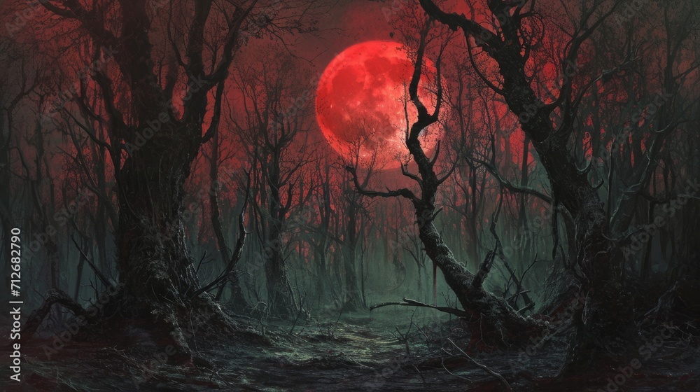 Fantasy landscape with blood moon in the forest.. A haunted forest ...