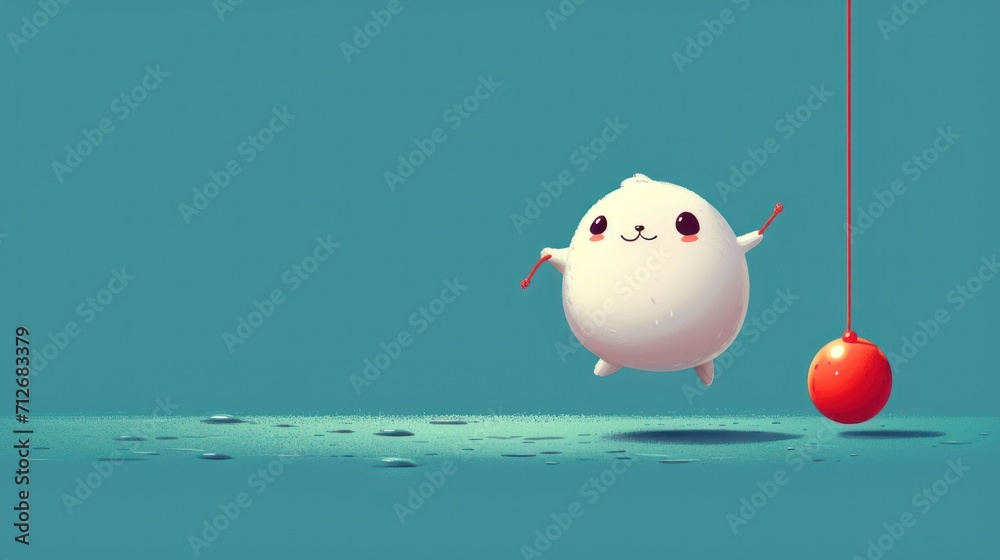 a cartoon character hanging from a string with a red ball hanging from ...