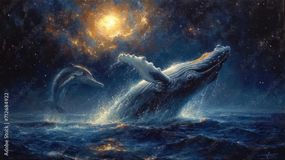 a painting of a humpback whale jumping out of the water in front of a ...