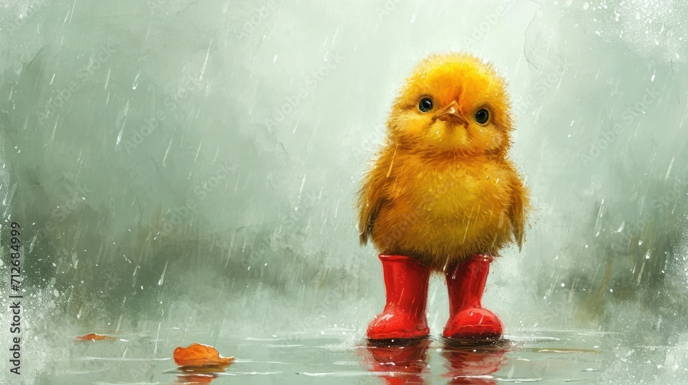 a painting of a yellow chick in a red rubber boot standing in a puddle ...