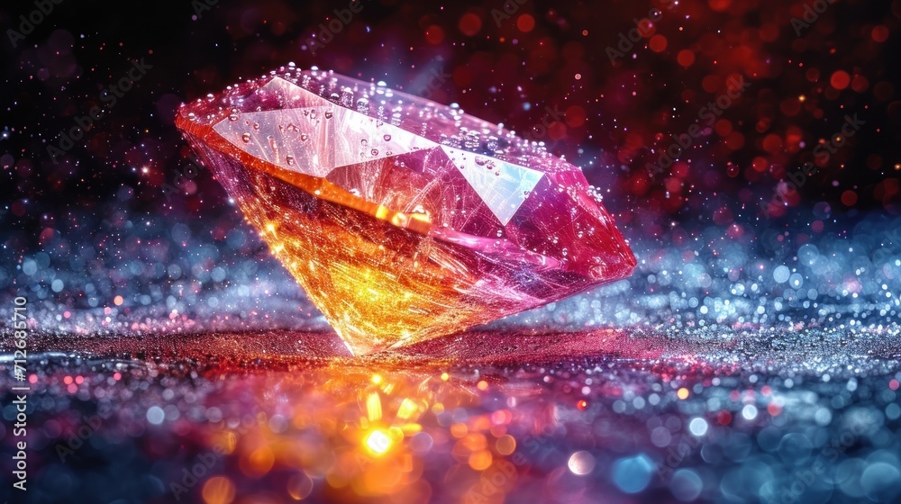 a close up of a pink diamond on a reflective surface with a blurry background and boke of light ...