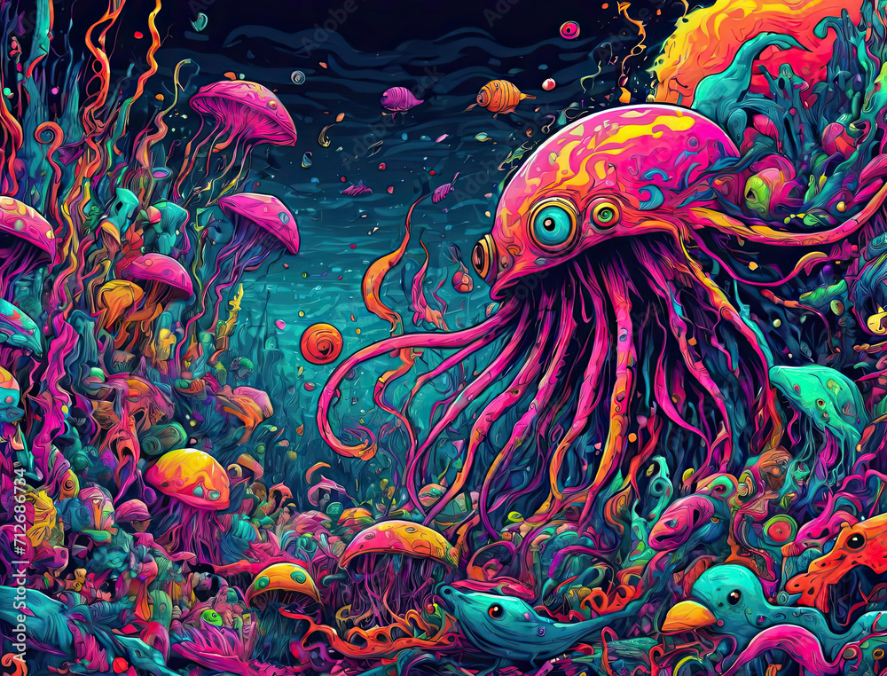 Psychedelic Underwater Trip - Close-up of music, time, and monsters in ...