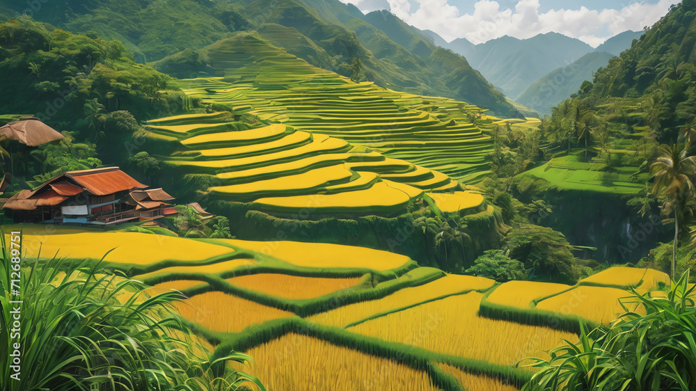 Drawing rice field terrasses on mountains in the philippines. Line ...