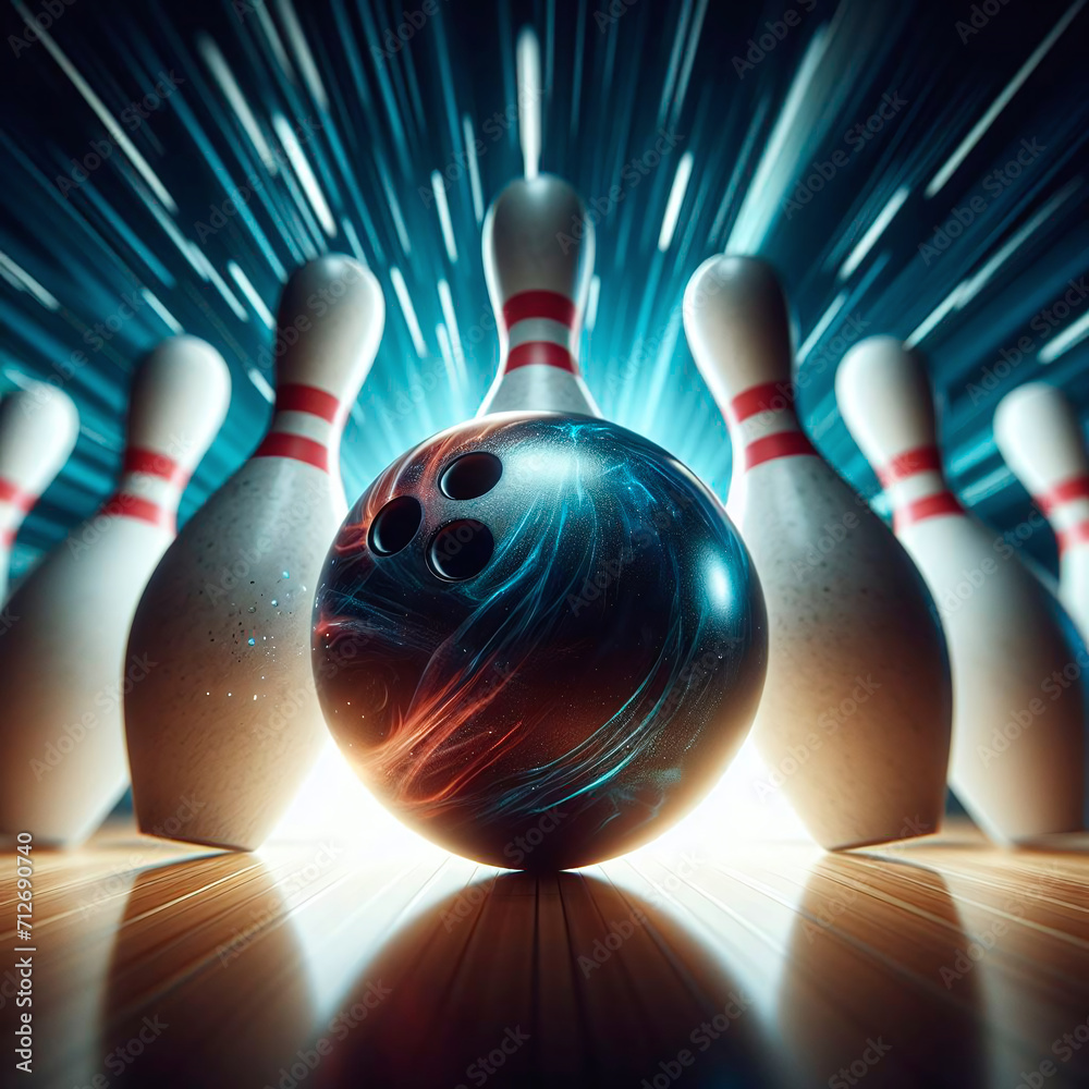 Bowling ball and skittles on the bowling alley. 3d rendering Stock ...