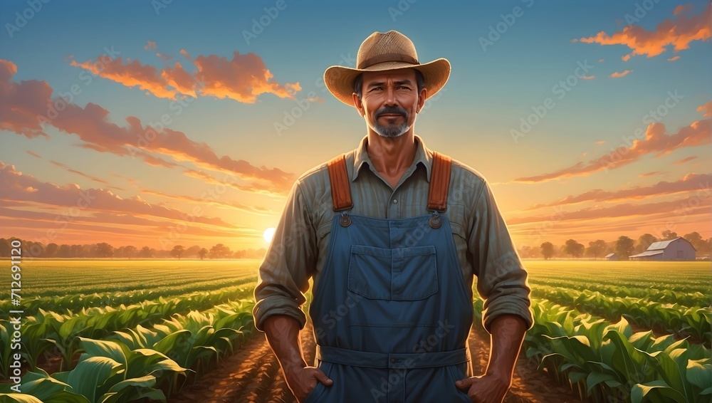 A farmer stands in a vast field, surrounded by rows of vibrant crops ...