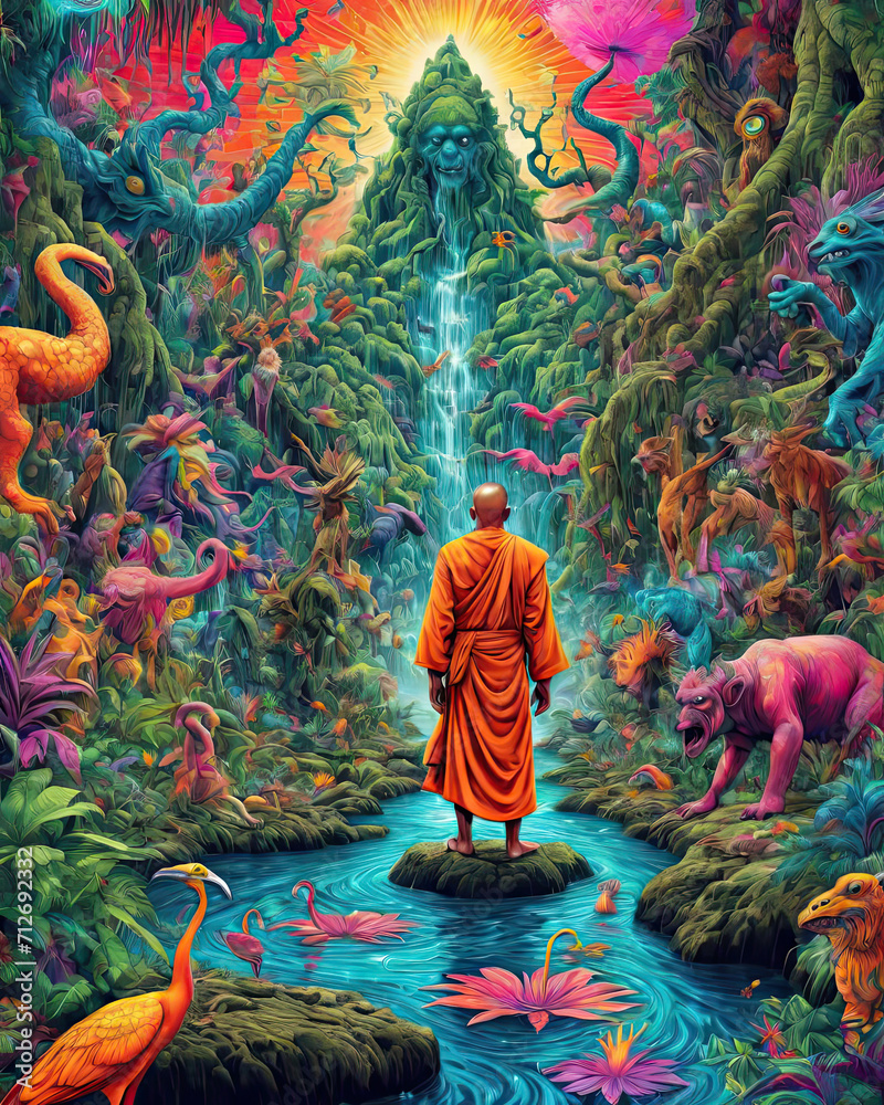 Enchanted Jungle - Surreal illustration of a close-up monk, water, and ...