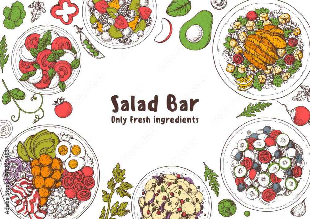Hand drawn salads. Food top view vector illustration. Healthy eating ...
