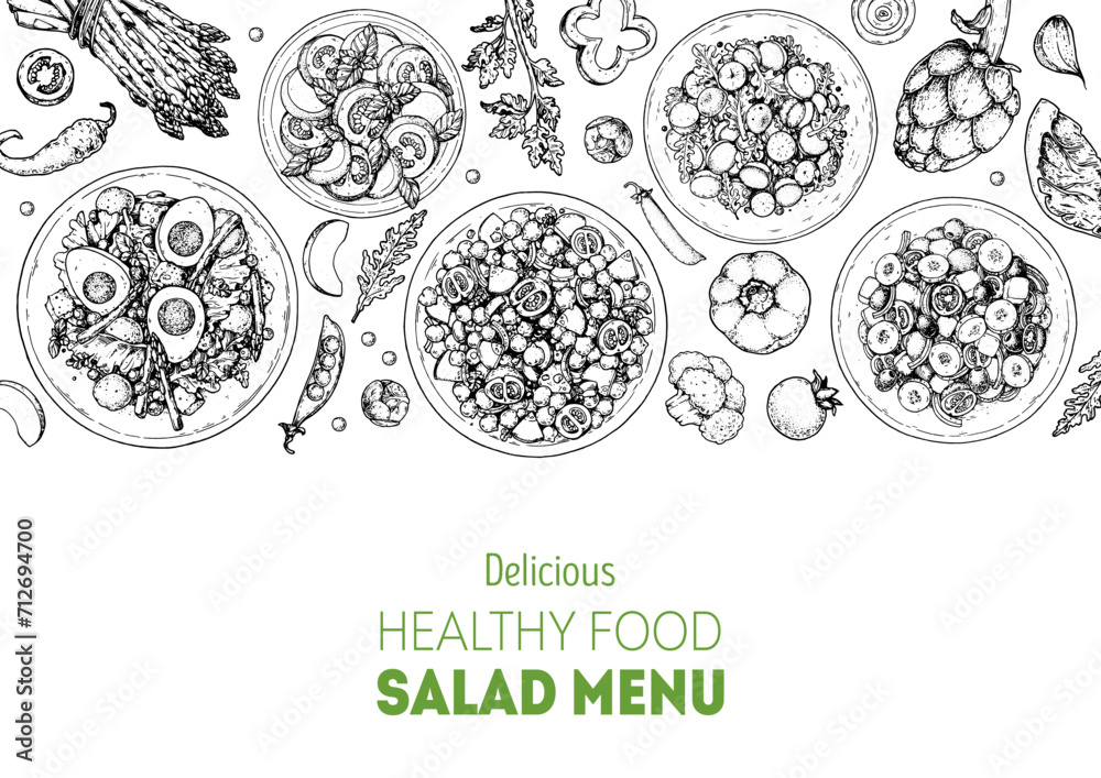 Hand drawn salads. Food top view vector illustration. Healthy eating ...