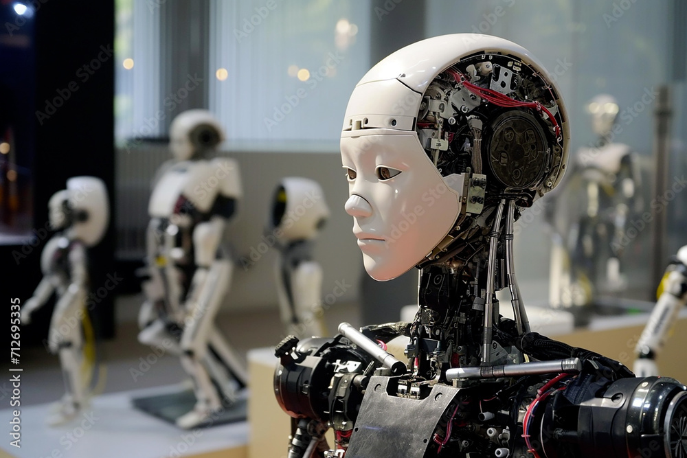 robot in action, humanoid robot with partially exposed head, in ...