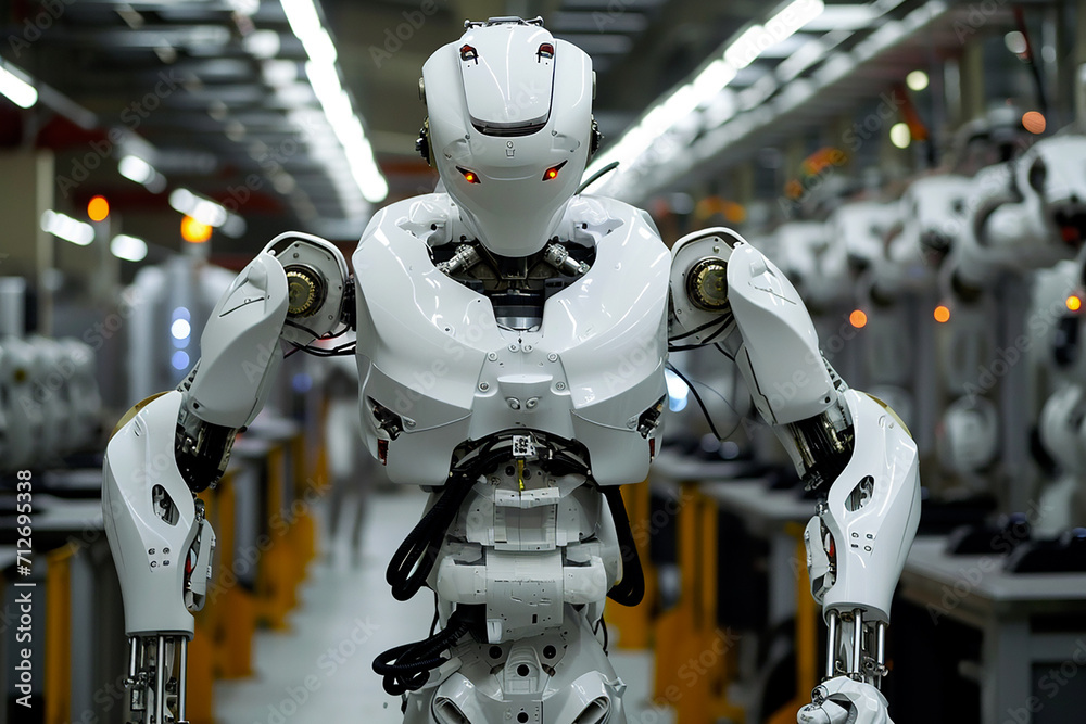 humanoid robot with polished white exterior in industrial setting ...