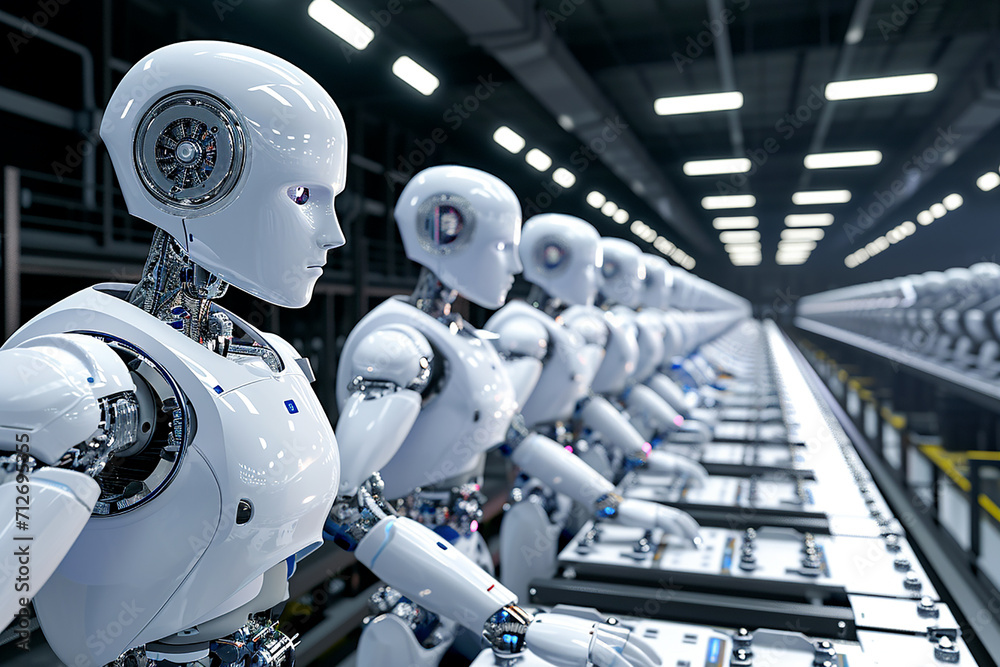 lineup of humanoid robots with sophisticated white chassis on an ...