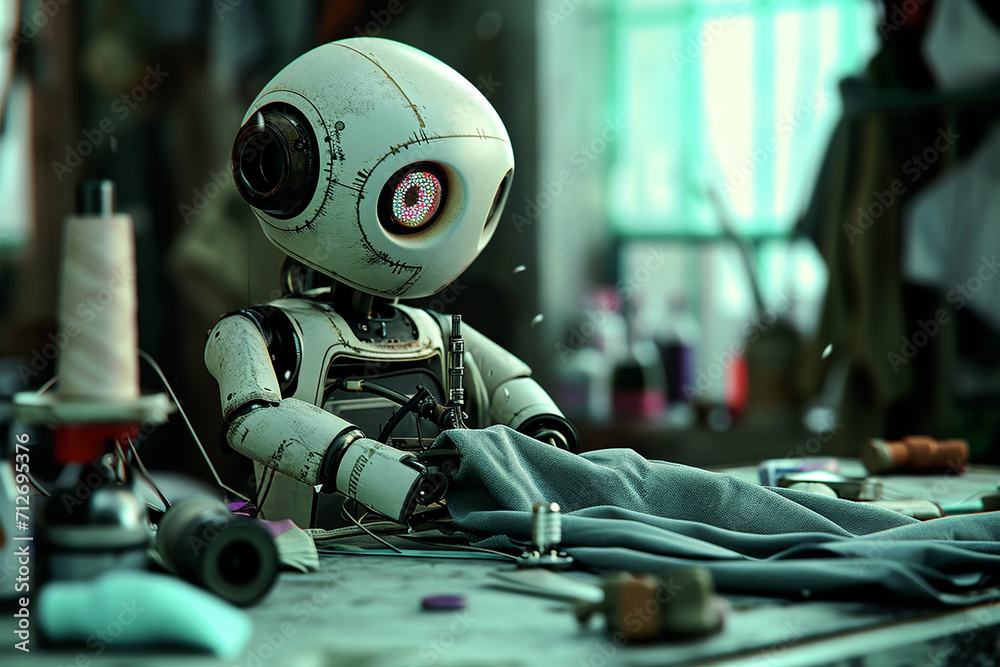robot with a single large eye, engaged in sewing with a piece of gray fabric, sewing tools and ...