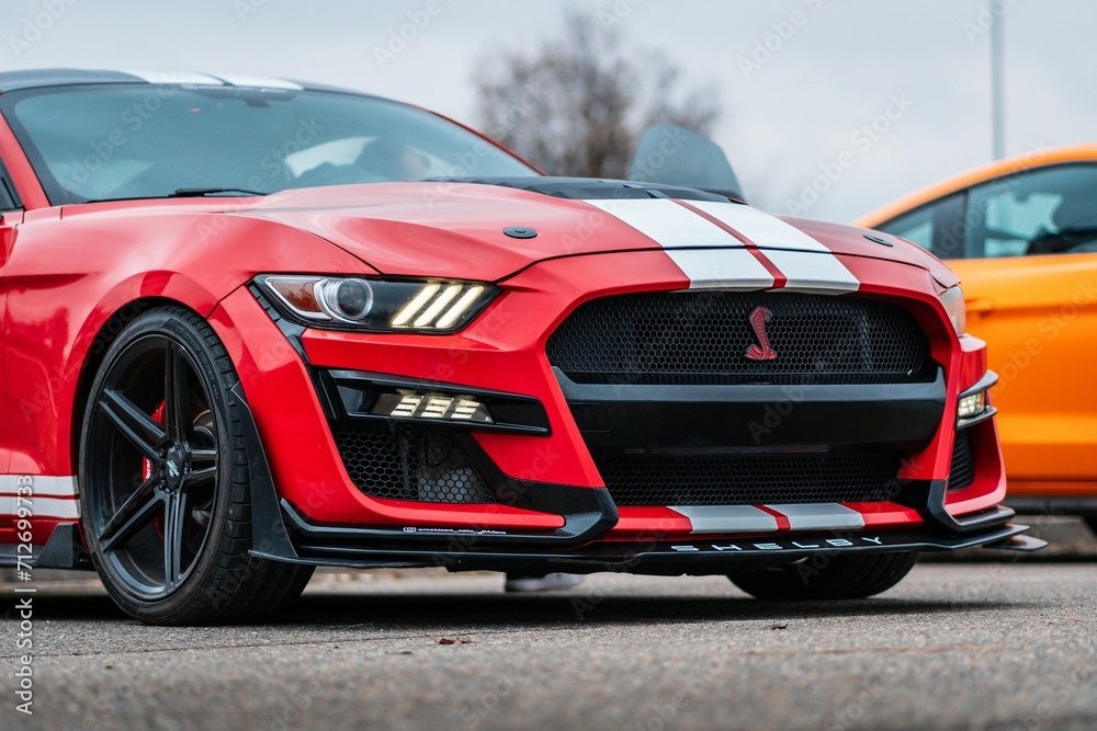 Brno, Czech Republic - 31 December 2023: Red fast sports Ford Mustang ...